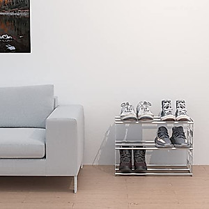 NiHome Silver 3-Tier Shoe Rack - Geometric Patterned Multi-Layered Organizer for Small Spaces with 6 Pair Storage Capacity, Ideal for Closets, Hallways, Entryways, Living Rooms and Bedrooms