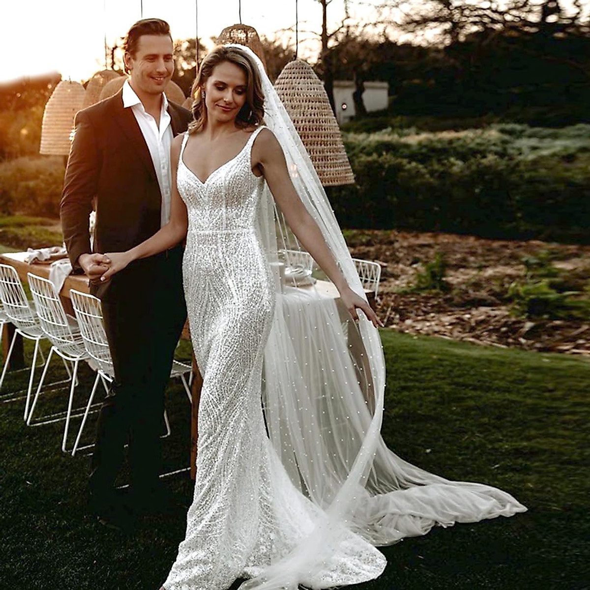 chrumeshi Long Wedding Bride Veil Pearl Cathedral Length Veils For Women With Comb (118（inch）, white)