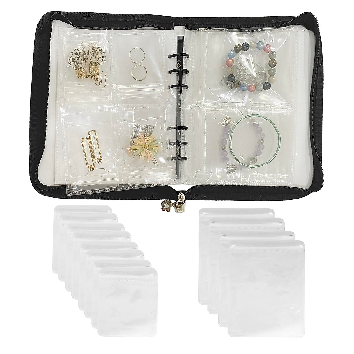 MIAO JIN Transparent Binder Jewelry Storage Book Travel Jewelry Organizer Zipper Bag Portable Pocket Folding For Necklace Earring Ring Postcard Bracelets Brooches (Black70 Grids+60 PVC Bags)