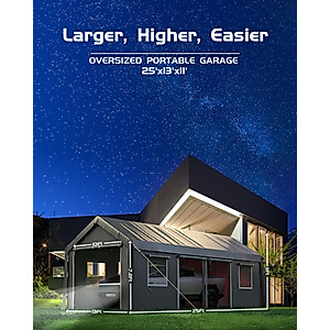 GarveeLife 13'x25'x11' Carport Oversized, Portable Garage with 180g PE Tarps, 19 Gauge Poles, 6 Roll-up Doors, and 4 Mesh Windows, Suitable for Full-Size Pickups Bass Boats, Tractors, and SUVs, Gray