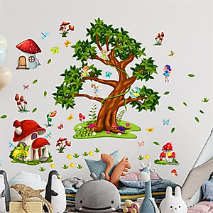 Green Tree Wall Decals Jungle Animals Big Tree Fairy Wall Stickers 3D Realistic Cartoon Mushroom Room Sticker Peel and Stick Art Can Unleash Your Child's Imagination Suitable for Children's Room