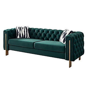 Kakotito Tufted Sofa Couch, 84 Inches Long Upholstered Sofa with 2 Pillows,High Arm and Strong Metal Legs, Couches for Living Room, Office, and Bedroom (Button Tufted, Green)