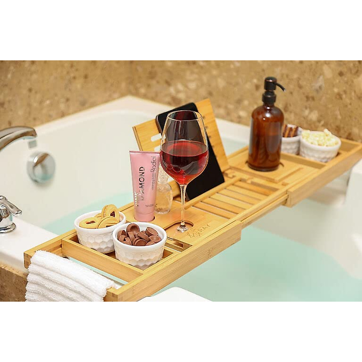 Bathtub Caddy Tray for Bath- Bamboo Adjustable Bathtub Caddy Tray- Free Body Brush- Suitable for Luxury Spa or Reading- Shower Tray - Bathroom Tray Organizer - Accessories for Bathroom