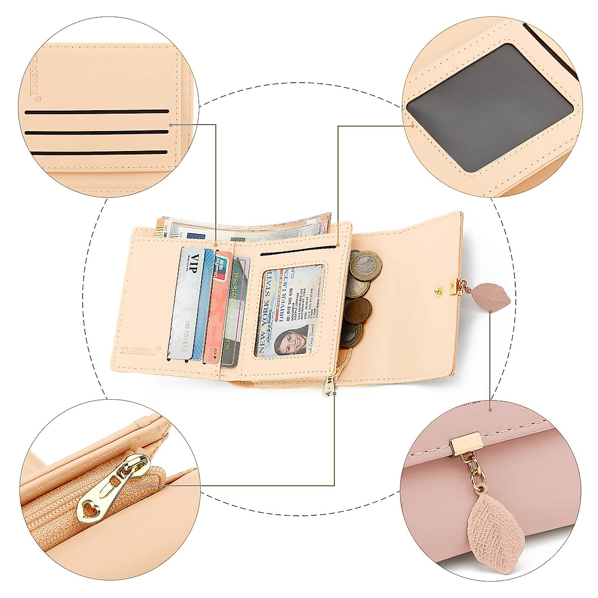 CALIYO Wallets for Women, Leaf Card Holder Trifold Small Wallets for Women , Silm Wallets Zipper Coins Pocket with ID Window,Pink