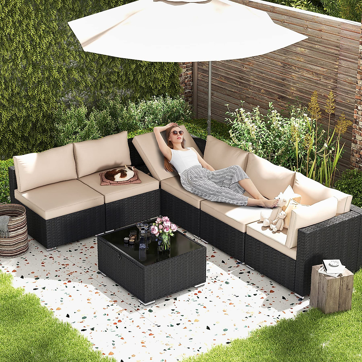 RYNSTO 7 Piece Patio Furniture Set with Adjustable Bracket Brown Rattan Wicker Patio Conversation Sets Sectional Sofa Set with Table and Cushions for Porch Lawn Garden, Beige