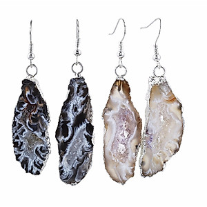 SUNYIK Natural Quartz Durzy Geode Agate Crystal Dangle Earrings Silver Plated, 2 Pairs