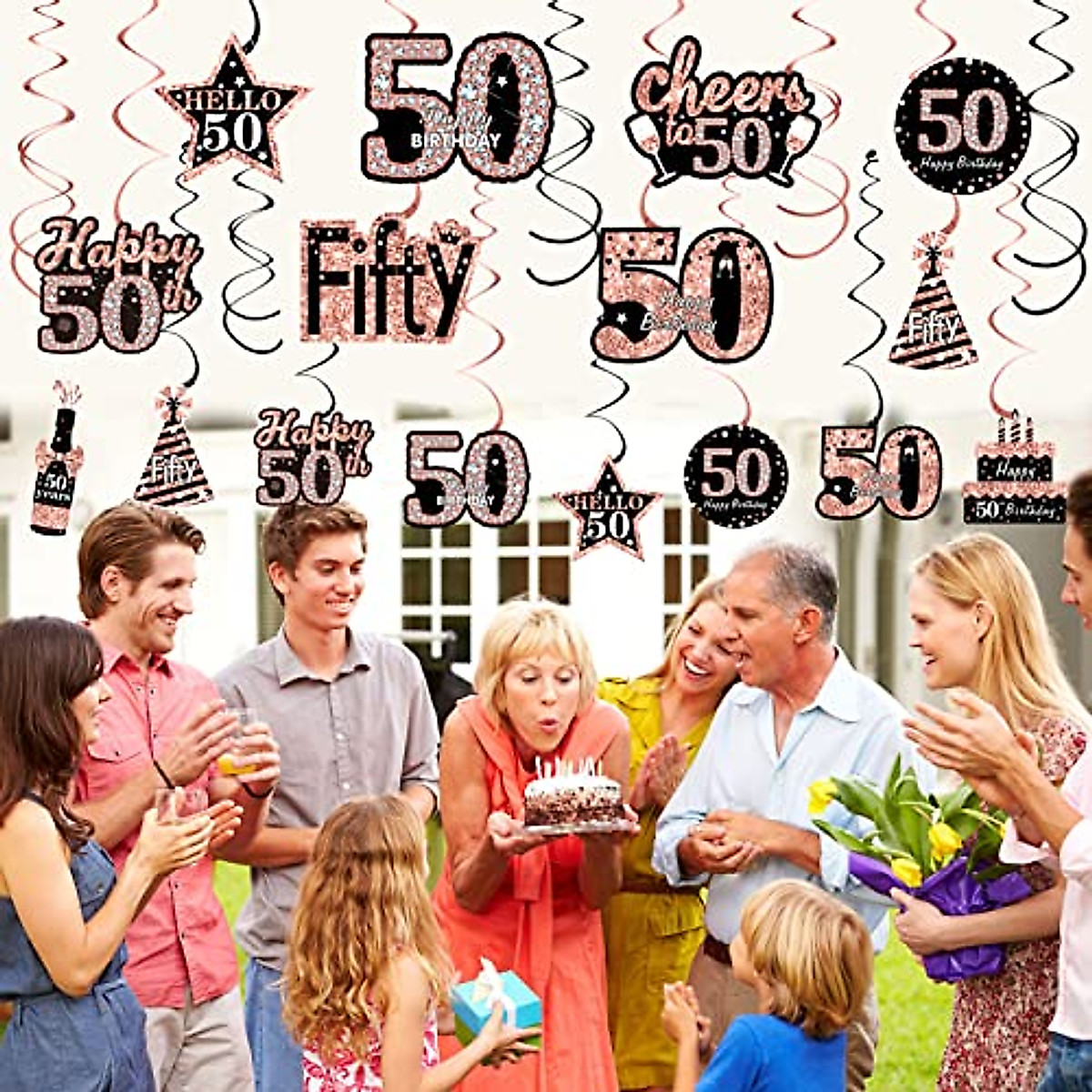 30Pcs Rose Gold 50th Birthday Hanging Swirl Decorations for Women, Cheers to 50 Years Birthday Foil Swirls Party Supplies, Fifty Bday Ceiling Hanging Sign Decor