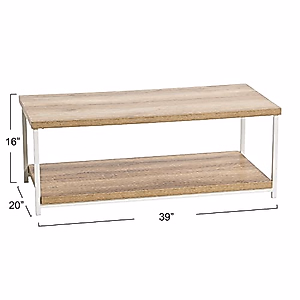 Household Essentials Jamestown Rectangular Coffee Table with Storage Shelf Coastal Oak Rustic Wood Grain and White Metal