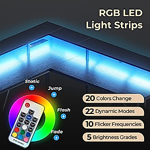 PRAISUN L Shaped Computer Desk with Power Outlets & LED Lights, Corner Gaming Desk with Fabric Storage Bag, Monitor Shelves, Home Office Desk with Hooks, Host Shelf, L Shape Gaming Desk, Black