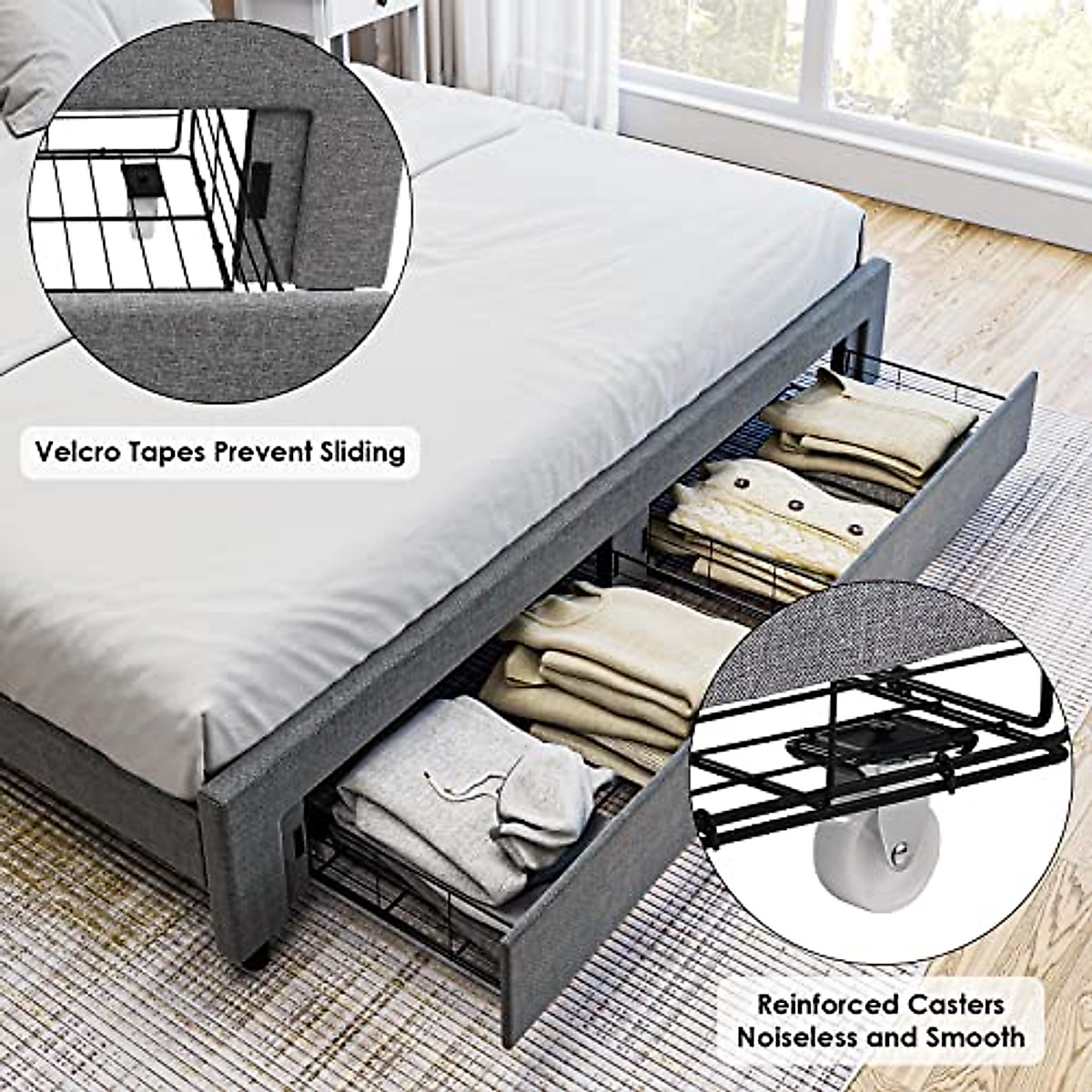King Bed Frame with 2 Storage Drawers, Fabric Upholstered Platform Bed Frame with Deep-set Pattern Button Tufted Headboard, Sturdy Wood Slats Support Mattress Foundation, No Box Spring Needed, Grey