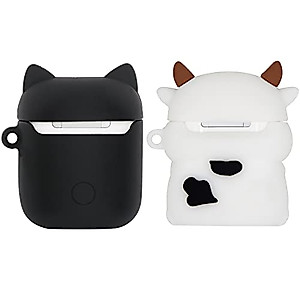 Megantree 2 Pack Cute Boba Tea Cow Airpods Case, Whisker Cat Airpods 2 Case, Funny 3D Cartoon Animal Cat Kitty Shockproof Soft Silicone Case with Carabiner for Airpods 1st Generation, 2nd Generation