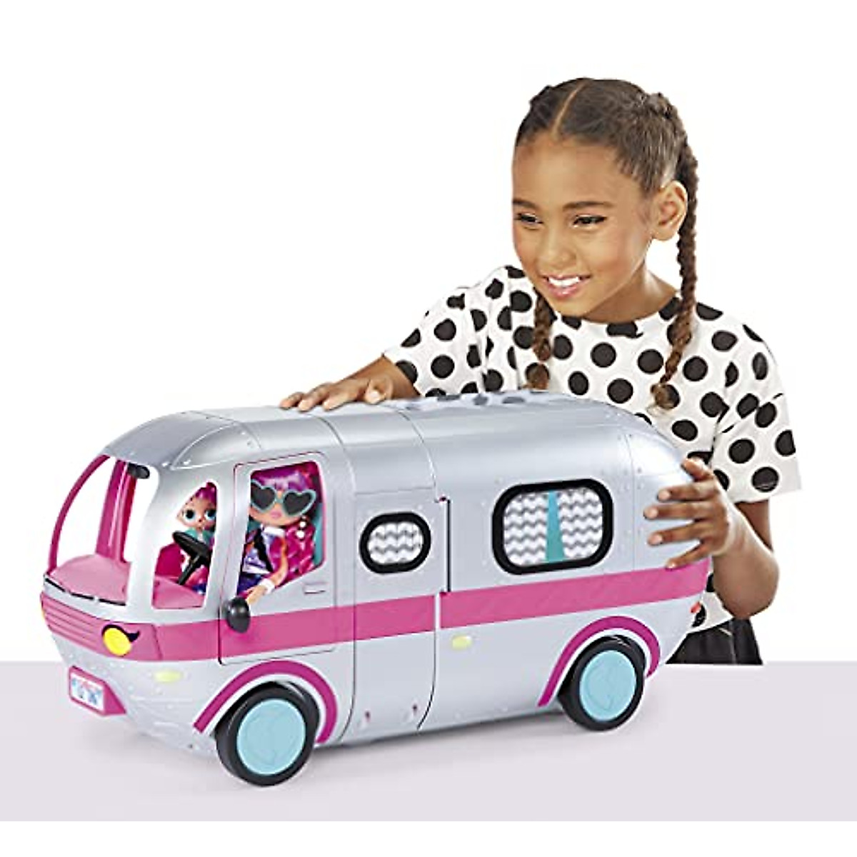 LOL Surprise OMG Glamper Fashion Camper Doll Playset with 55+ Surprises, Fully-Furnished with Light Up Pool, Water Slide, Bunk Beds, Cafe, BBQ Grill, DJ Booth - Gift Toy for Girls Ages 4 5 6 7+ Years