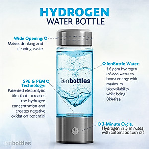 ionBottles® - Original Rechargeable Portable Glass Hydrogen Water Generator Bottle with PEM and SPE Technology for a Perfectly Balanced pH Released Hydrogen Water Ionizer
