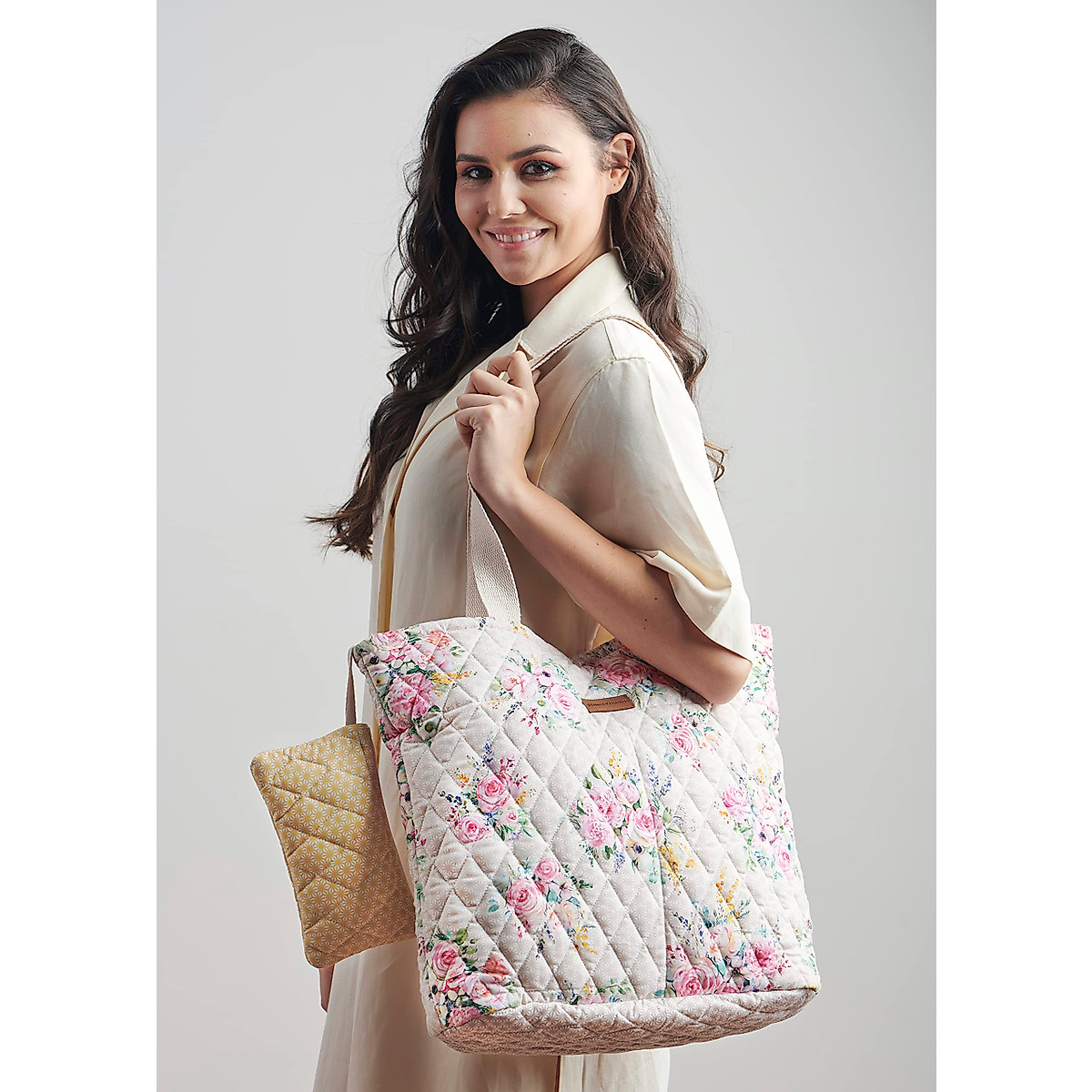 Maison d' Hermine Shopping Bag Cotton Quilted Tote Bag with Zipper Pockets & Small Pouch Shoulder Grocery Bag for Gifts Beach Travel Perfect for Men Women (Sweet Rose Lavender - Lush)