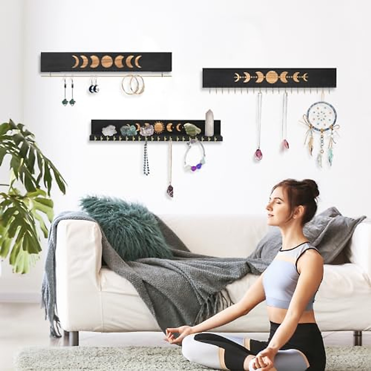 Y&ME YM Jewelry Holder Organizer Wall Mount Set of 3, Hanging Bracelet Necklace Ring Earring Holder Organizer, Wood Floating Shelves for Wall Décor, Sunglass Organizer, Moon Shelf for Crystal Display