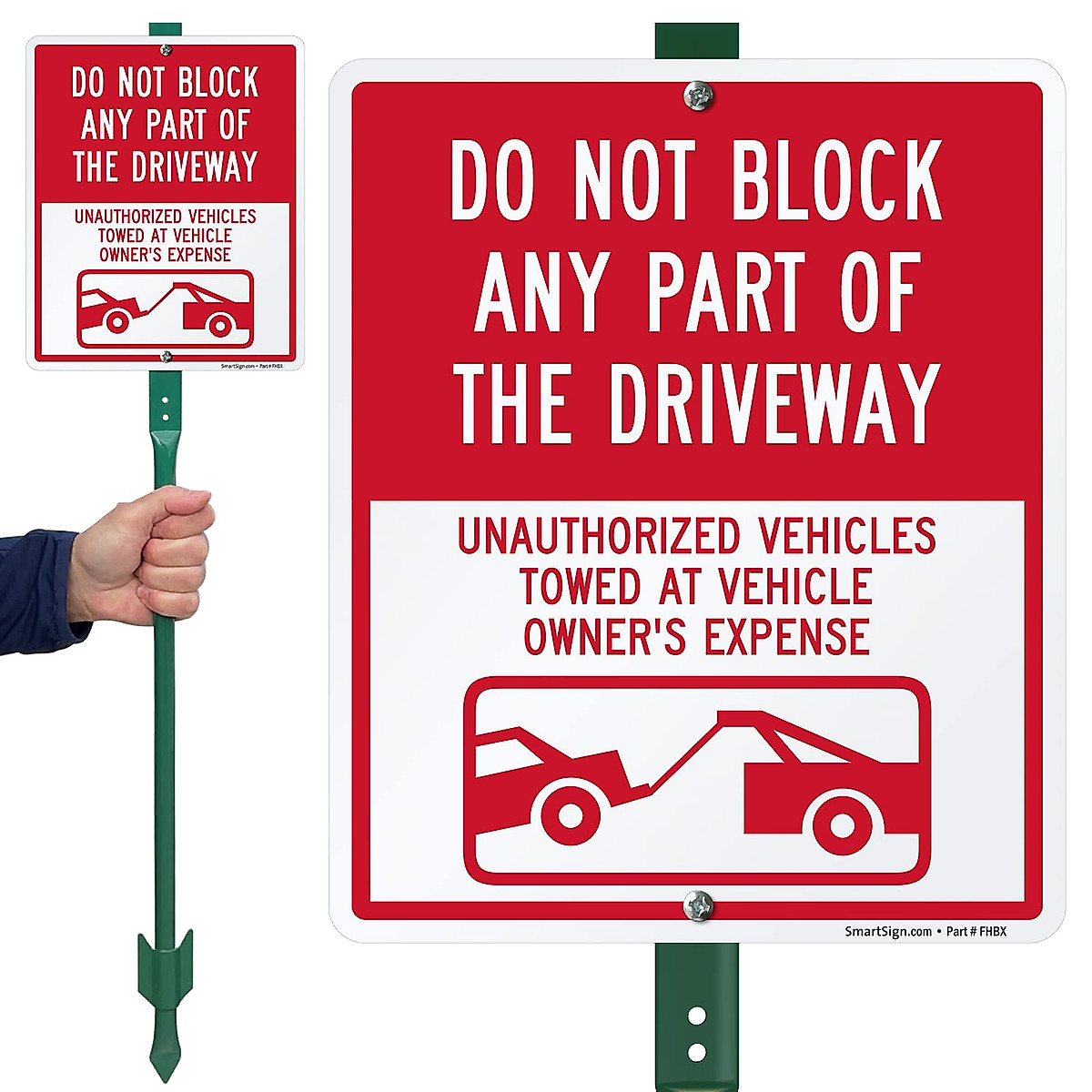SmartSign 12" x 10" 'Do Not Block Any Part Of The Driveway Unauthorized Vehicles Towed' LawnBoss Yard Sign with 3 ft Stake, 40 mil Laminated Aluminum, Red and White, Set of 1, USA-Made