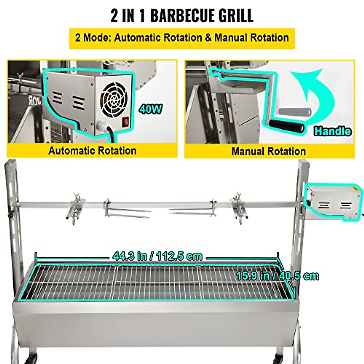 VEVOR 132 LBS Rotisserie Grill Roaster, 40W BBQ Small Pig Lamb Rotisserie Roaster, 50 Inch Stainless Steel Charcoal Spit Rotisserie Roaster Grill for Camping and Outdoor Barbecue