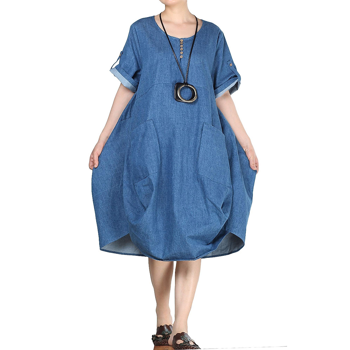 Minibee Women's Ruffle Oversize Casual Midi Dresses with Pockets (3XL, Denim Blue)