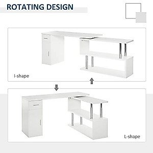 HOMCOM Rotating Computer Desk, 55" L-Shaped Desk, Corner Desk with Storage Shelves, Cabinet and Drawer for Home Office, White