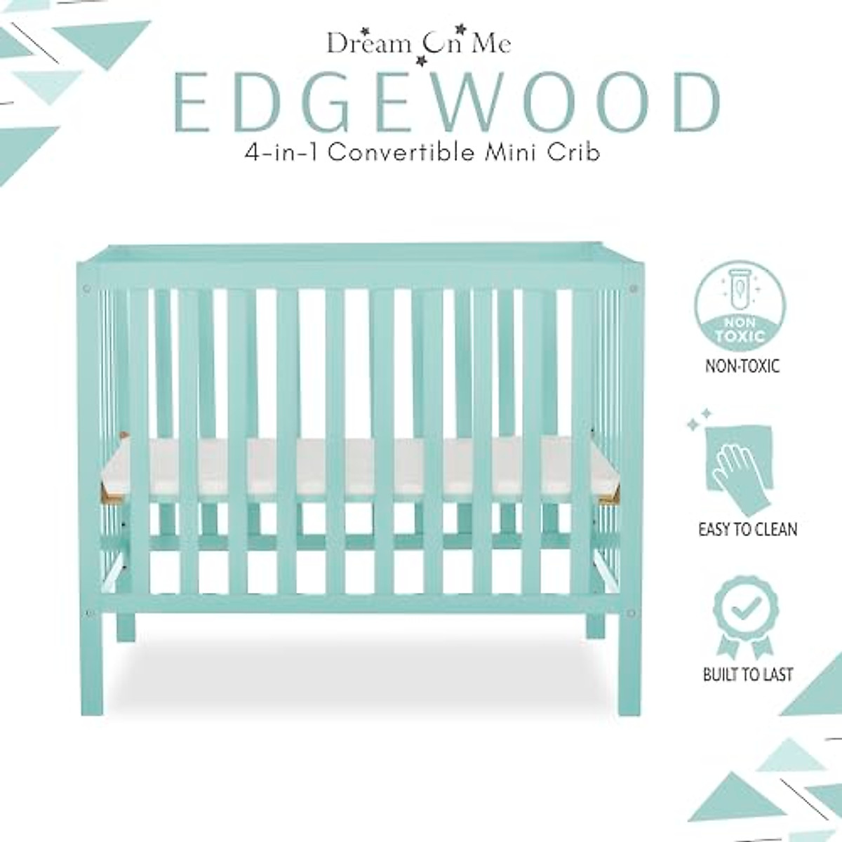 Dream On Me Edgewood 4-In-1 Convertible Mini Crib In Mint, JPMA Certified, Non-Toxic Finish, New Zealand Pinewood, With 3 Mattress Height Settings, Included 1" Mattress Pad