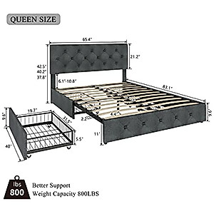 Queen Size Modern Platform Bed Frame with 4 Storage Drawers, Upholstered Beds with Button Tufted Headboard Height Adjustable, Mattress Foundation with Wooden Slat Support, Dark Grey Faux Leather