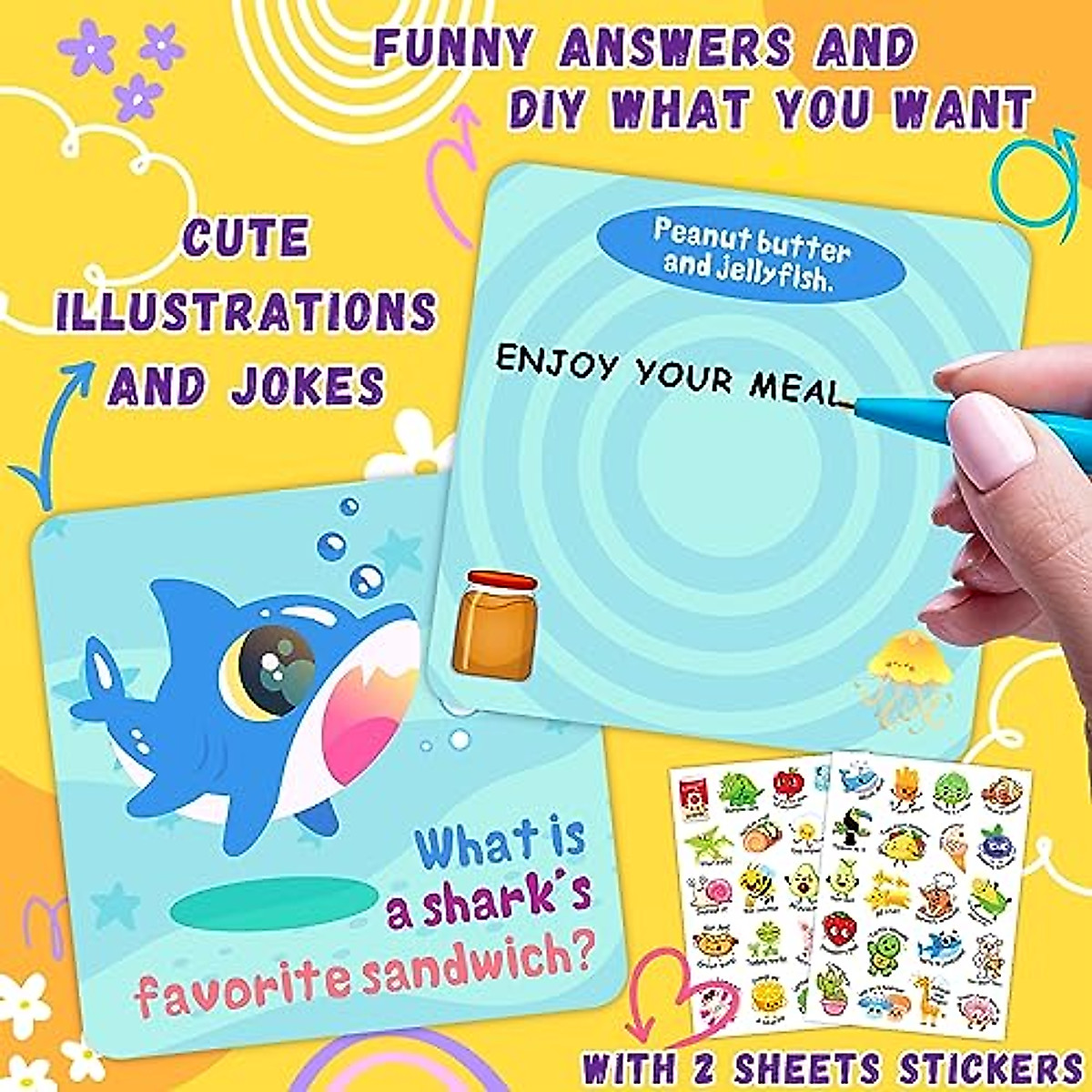 YTSQLER 120 Lunch Box Joke Cards for Kids Lunch Box Notes for Kids Motivational Inspirational Pun Cards for Students Teachers, Lunchbox Joke Cards for Boys Girls with Reward Stickers