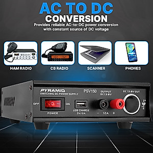 Pyramid Universal Compact Bench Power Supply- 12Amp Variable Linear Regulated Home Lab Benchtop AC-DC Power Converter - USB Port,Cigarette Lighter,115/230V AC,Screw Terminal,Cooling Fan - PSV150,Black