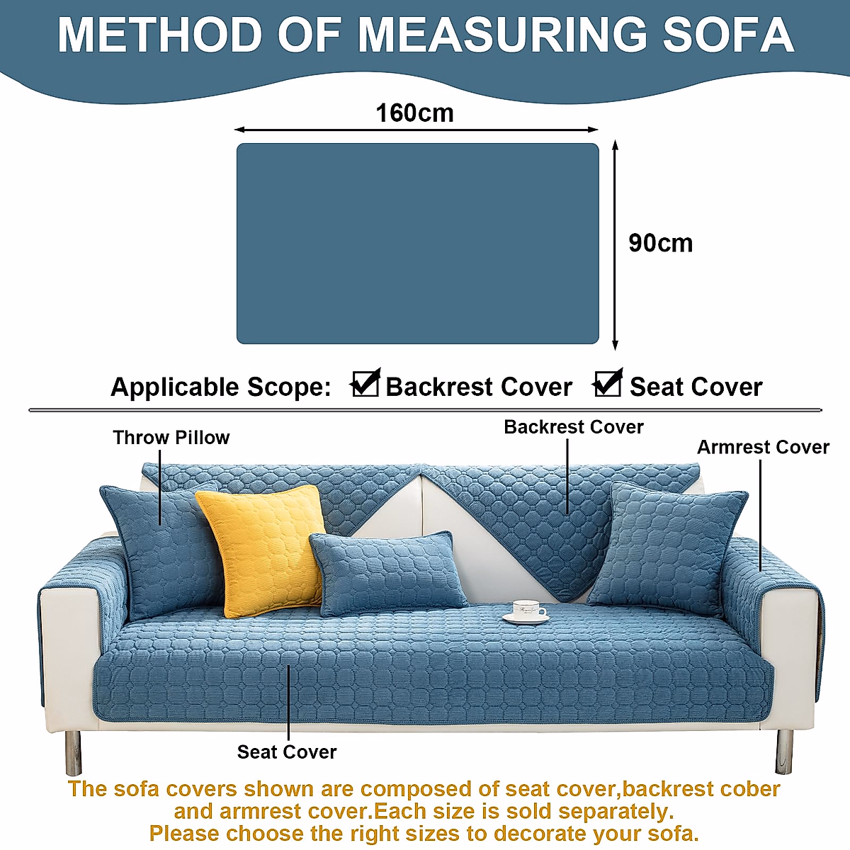 MIFXIN Sofa Cover 1 2 3 Cushion Couch Sectional Sofa Slipcover Universal Anti-Slip Furniture Protector for Living Room Loveseat Recliner L Shaped Armrest Backrest (Only 1 Piece) Blue 36''x63''