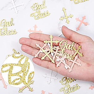300 Pieces Glitter Cross Confetti God Bless Confetti Table Confetti Cross Decorations for Baptism Party Baby Shower Birthday Gender Reveal First Communion Party Supplies (Pink, Gold, White)