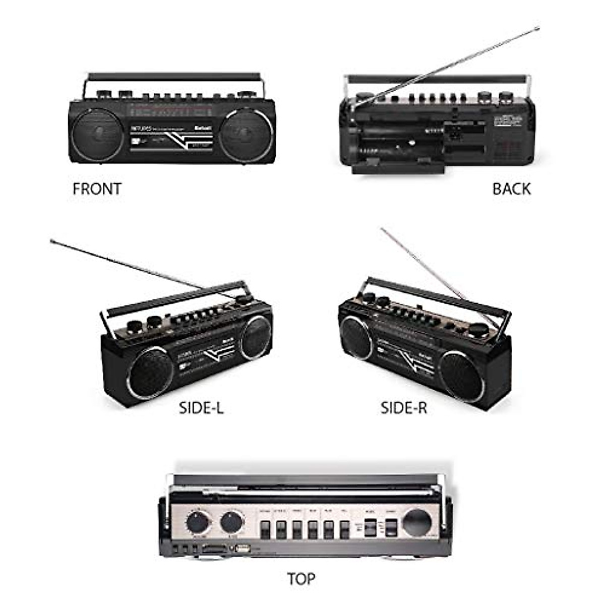 Riptunes Cassette Boombox, Retro Blueooth Boombox, Cassette Player and Recorder, AM/FM/SW-1-SW2 Radio-4-Band Radio, USB, SD, and Aux in, Black