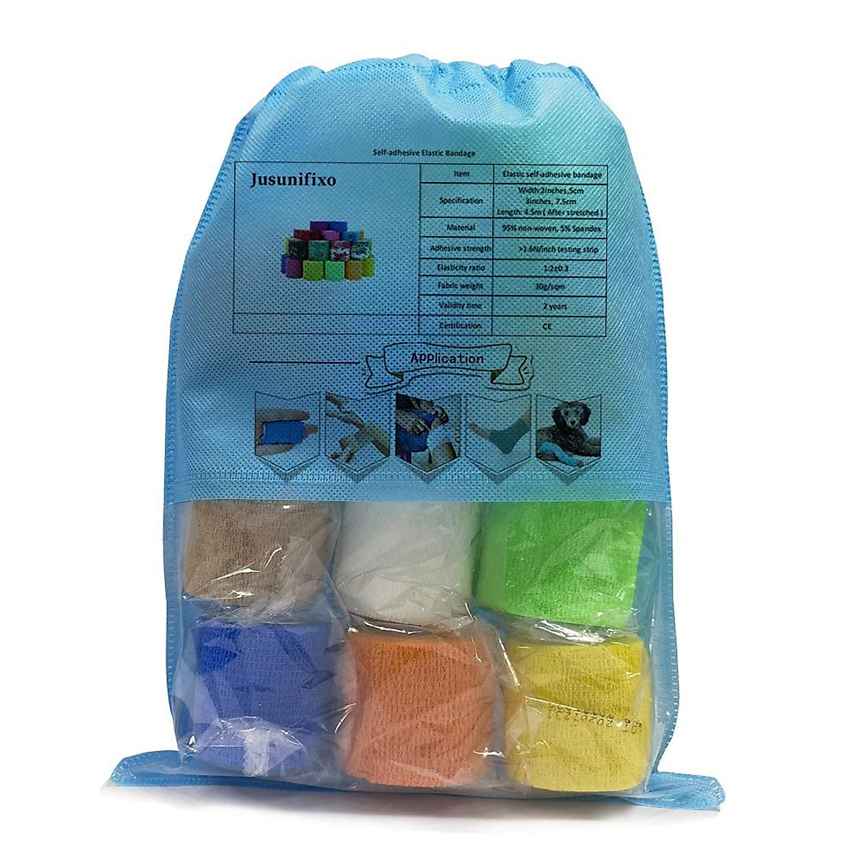 Jusunifixo 2 Inch Self Adhesive Bandage with Custom Package,Wrap Self Adherent Cohesive Breathable Sports Tape for First Aid, Leg,Dog Injury, Sprains and Swelling, 6 Colors-12 Rolls(Rainbow)