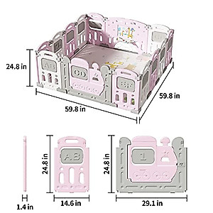 UNICOO – Baby Playpen, Foldable Kids Fence Activity Center, Safety Playard with Games Station Non-Slip Rubber Bases, Adjustable Shape (ZC-001-PW Pink + White)