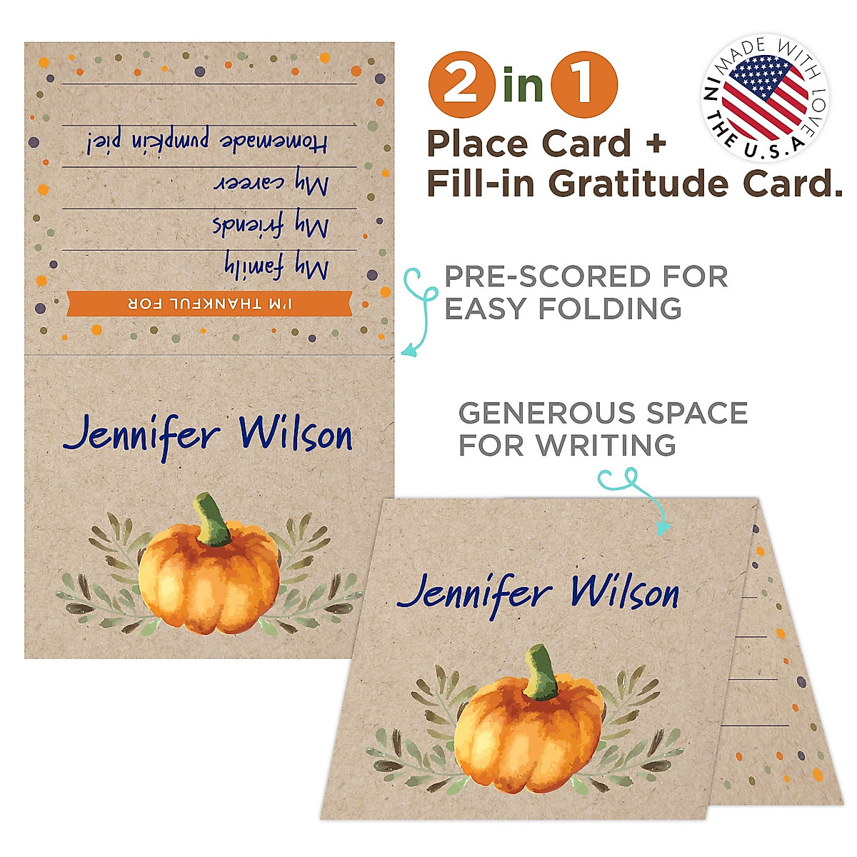 Koko Paper Co Thanksgiving Place Cards with Fill-in Gratitude Cards | Pack of 50 Cards | Printed on Heavy Card Stock.