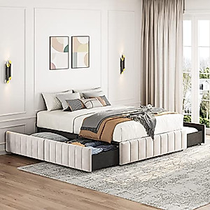 Yaheetech Full Size Bed Frame with 4 Storage Drawers, Upholstered Platform Bed Frame with Strong Wooden Slats/Mattress Foundation/No Fixed Headboard/No Box Spring Needed/Large Storage Space, Beige