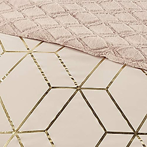 Intelligent Design Ainsley Comforter Set-Geometric Metallic Print to Faux Fur Reverse Trendy All Season Hypoallergenic Bedding, Matching Sham, Twin/Twin XL, Blush 2 Piece (ID10-1761)