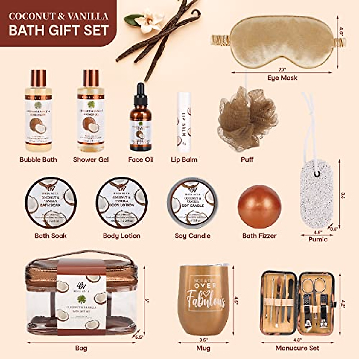 Bath Gift Set Vanilla Coconut Home Spa Set, 22Pcs Spa Gift Basket for Women, Relaxing Spa Day Kit for Girls Include Lip Balm, Christmas Birthday Gift for Women from RA ROSA ACCA