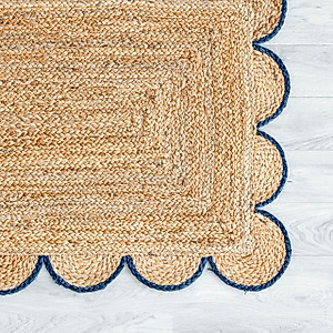 Weaving Village Scalloped Natural Jute Area Rug, Navy Trim, 2x3