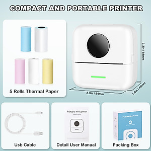Inkless Sticker Printer, Mini Pocket Printer with 5 Rolls Printing Paper for Android or iOS APP, Portable Bluetooth Inkless Printer Gift for Kids, Thermal Printer for Photo Journal Notes Memo