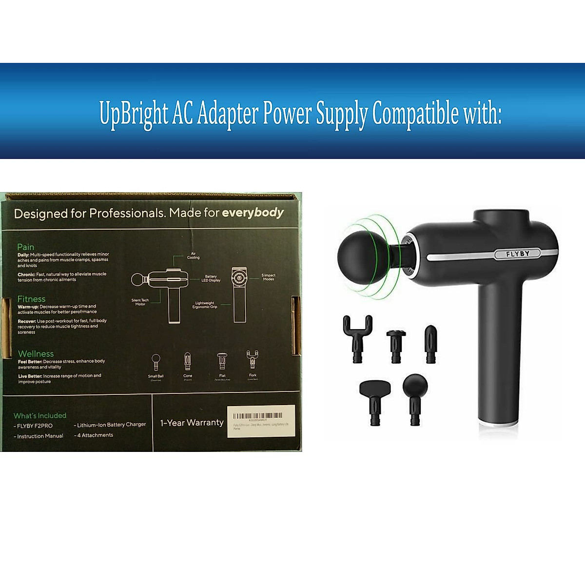 UpBright 13.5V AC/DC Adapter Compatible with Flyby F2Pro F2 Pro Deep Muscle Massage Gun Handheld Cordless Percussion Massager 12V 2000mAh Li-ion Battery Charger 13.5VDC 0.5A Power Supply (Not 24V.)