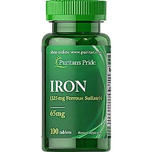 Puritans Pride Iron Ferrous Sulfate 65 Mg Tablets, 100 Count