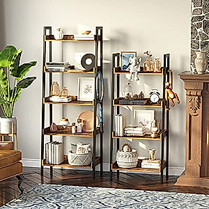 Rolanstar Bookshelf, 5 Tier Ladder Bookshelf with 3 Hooks, Industrial Bookcases, Freestanding Display Plant Shelves with Metal Frame for Living Room, Rustic Brown