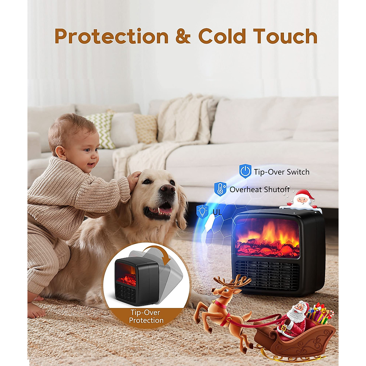 COSYAIREY Space Heater Fireplace, Energy Efficient Space Heater Dynamic Flame Effect, 30% Energy Saving,1s Fast Heating Electric Space Heaters for Indoor Use, Electric Space Heater Tip-Over Protection