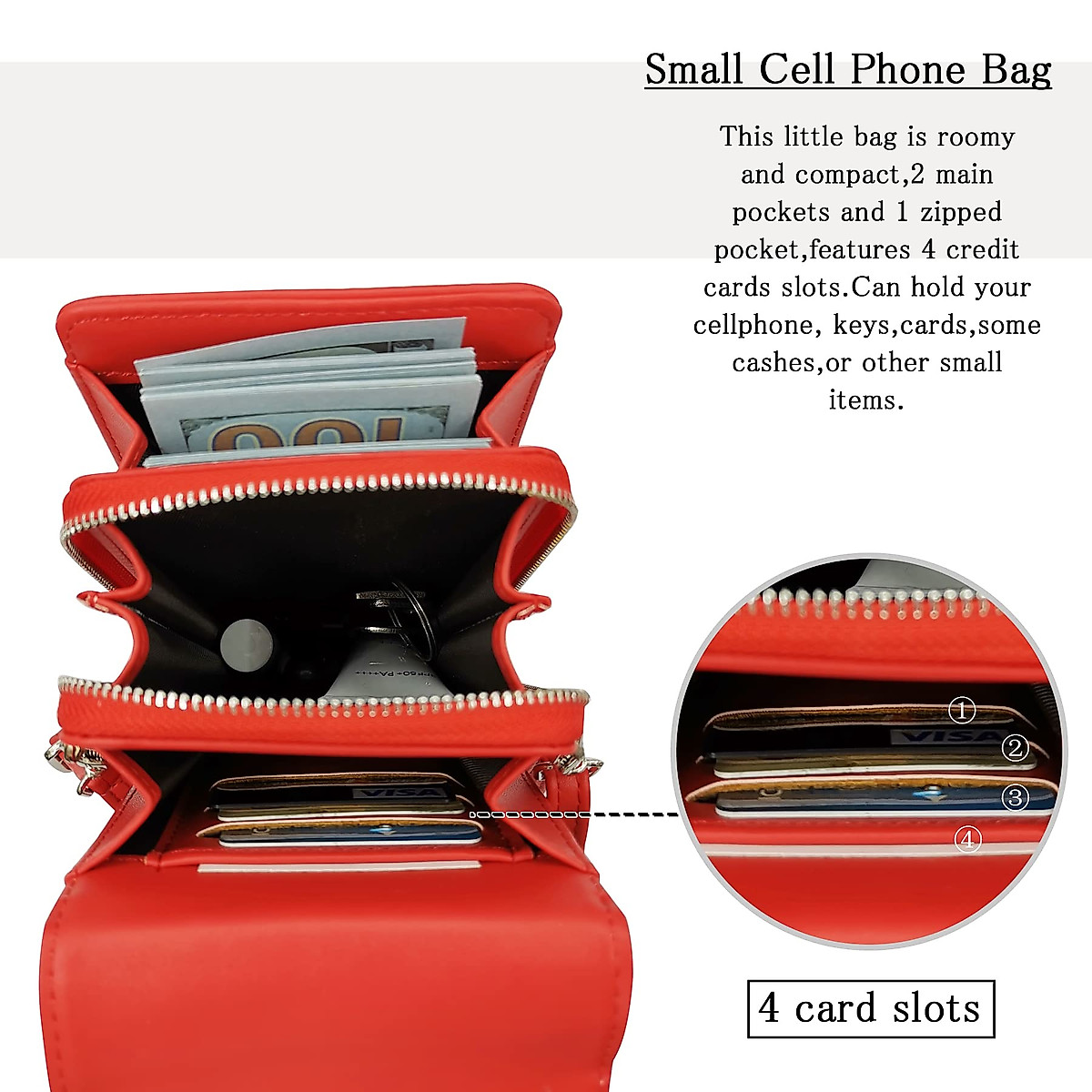 Aovtero Small Cell Phone Crossbody Purse for Women Mini Shoulder Handbag Wallet with Credit Card Slots (Red)