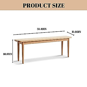 Grewood Wood Dining Bench,100% Natural Solid Oak Bed Bench with Rattan Design, Rounded Edge, Bench for Entryway Hall, Dining Room,Bedroom, Living Room (Natural Color, 31.49 inch)