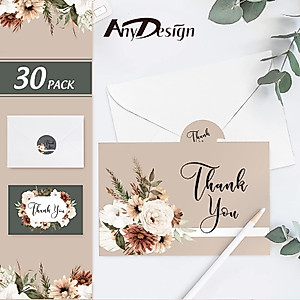 AnyDesign Boho Floral Thank You Cards Bulk 30 Pack Fall Rustic Greeting Cards with Stickers Envelopes Watercolor Flower Blank Appreciation Note Cards for Birthday Wedding Thanksgiving Baby Shower