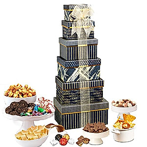 Broadway Basketeers Gourmet Food Gift Basket 6 Box Tower for Birthdays – Curated Snack Box, Sweet and Savory Treats for Parties, Best Wishes, Birthday Presents for Women, Men, Mom, Dad, Her, Him, Families