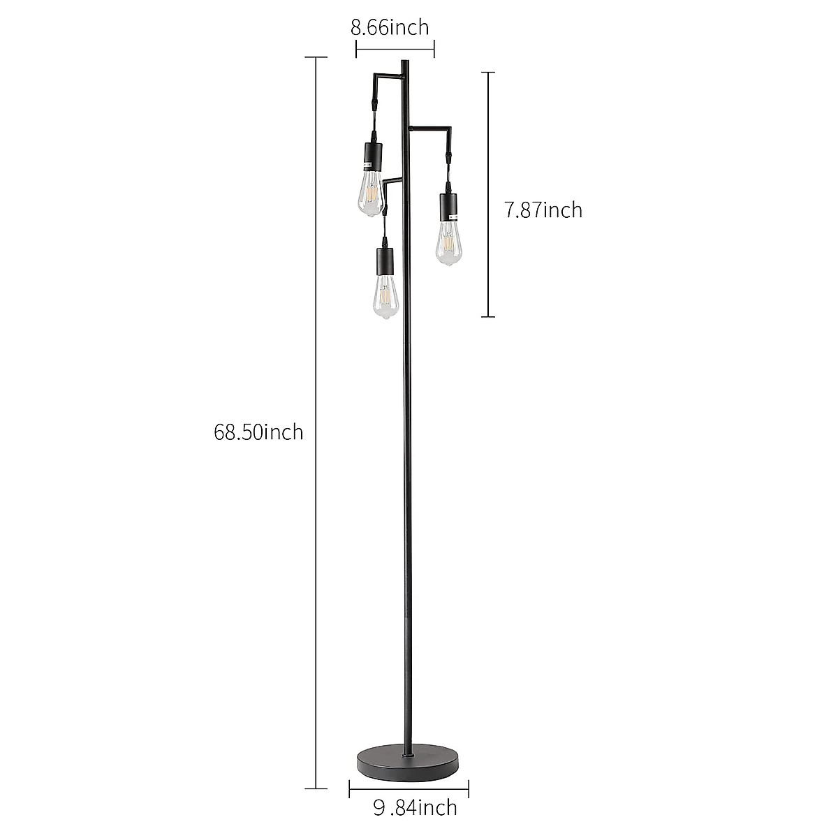 SUNMORY Farmhouse Industrial Floor Lamp for Living Room,Standing Tree Floor Lamp with 3 Edison Led Bulbs ,Rustic Floor Lamps for Living Room，Bedroom，Black Floor Lamp,Tall Lamps for Living Room，Office