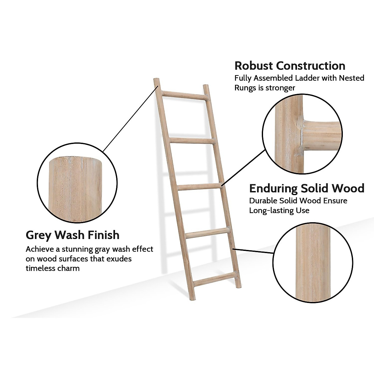 FUIN Fully Assembled 5ft Wood Blanket Ladder Living Room Decorative Wall Leaning Farmhouse Quilt Display Holder Rustic Wooden Towel Rack for Bathroom, Natural & Graywashed