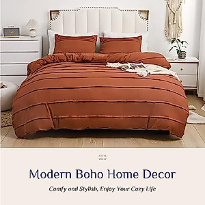 Argstar 3 Pieces Pleated Duvet Cover King, Burnt Orange Boho Textured Duvet Cover, 100% Washed Microfiber Soft Striped Comforter Cover with Zipper & Ties (1 Rust Duvet Cover, 2 Pillowcases)