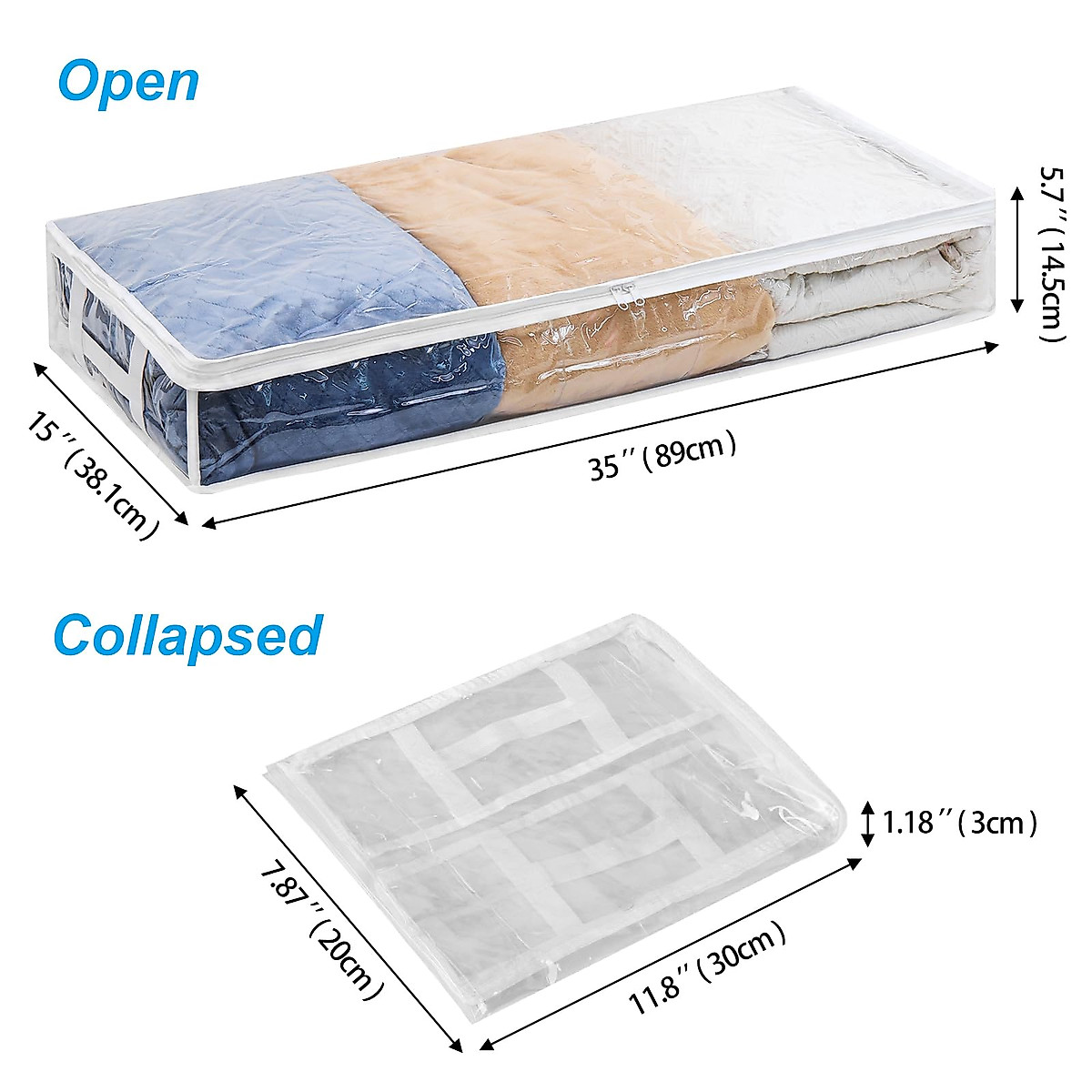 Fixwal 2pcs Clear Storage Bags, Plastic Under Bed Storage Bins, Large Capacity Storage Containers for Comforters Blankets Clothes Bedding